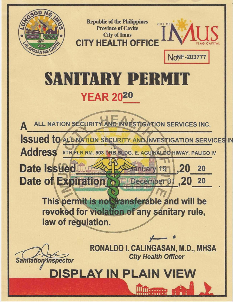 SANITARY PERMIT 2020 - All Nation Security Investigation Services Inc.